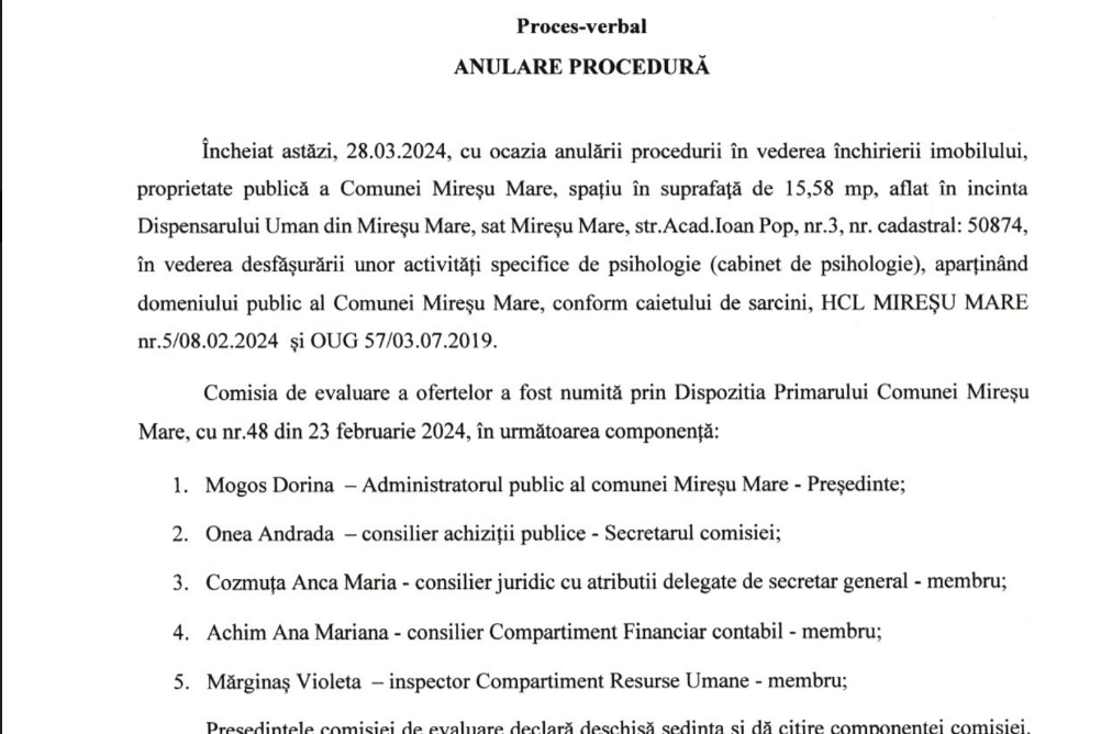 Proces verbal - ANULARE PROCEDURĂ