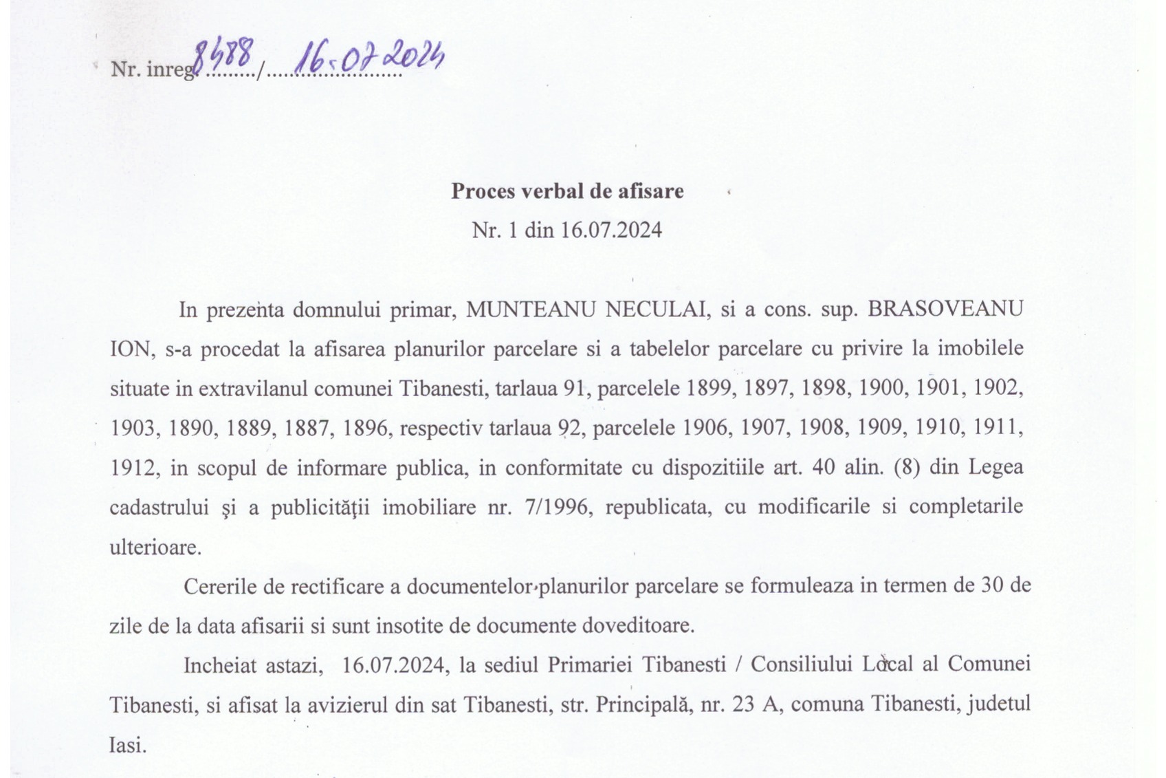 Proces verbal afișare planuri parcelare și a tabelelor parcelare