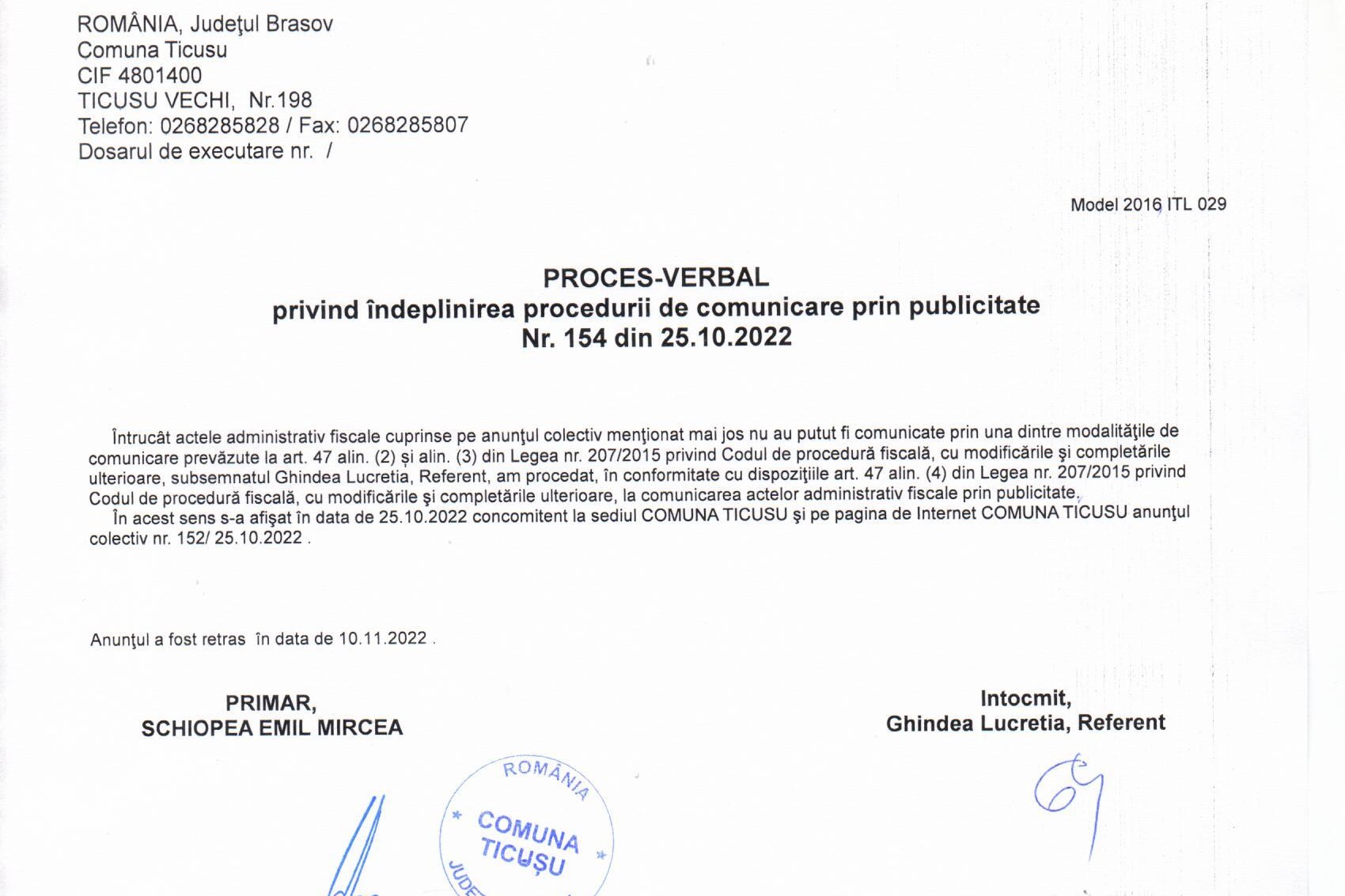 Proces verbal privind îndeplinirea procedurii de comunicare prin ...